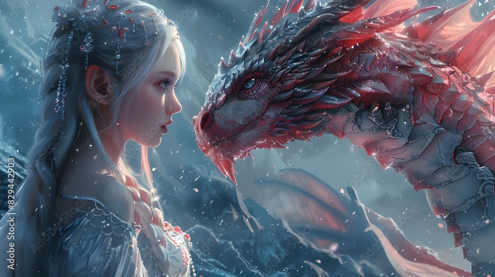 Cute anime warrior princess and majestic beautiful dragon companion, 3d ...