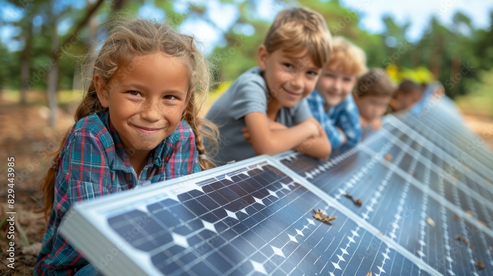 Children in a schoolyard learning about solar panels, the engagement of ...