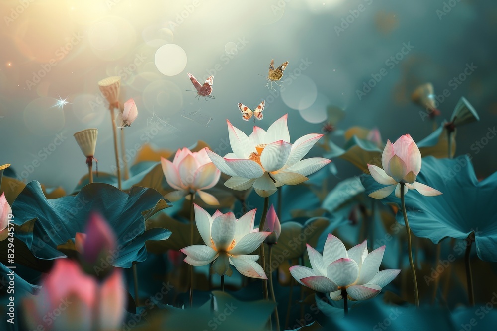 Artistic illustration of lotus flowers with butterflies, ideal for ...