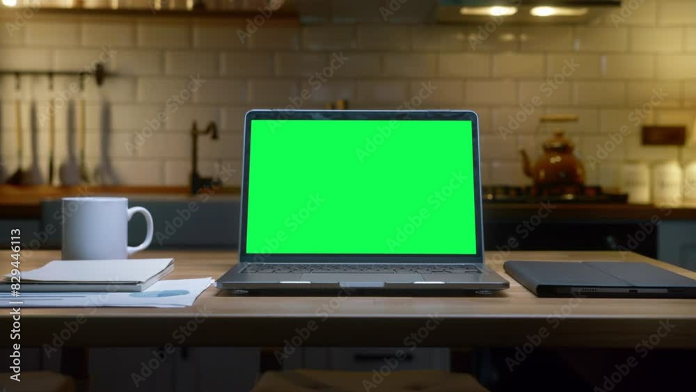 Laptop computer with mock up green screen chromakey display standing on ...