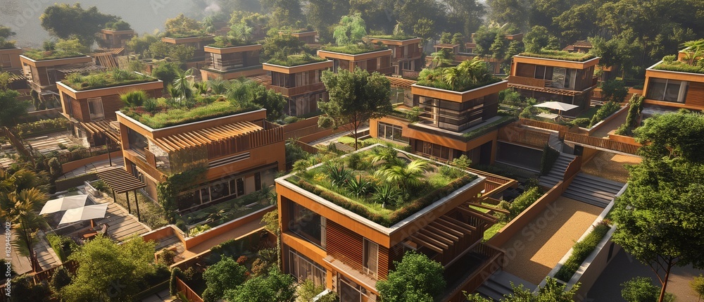 A modern eco-village built using sustainable materials, with rooftop ...