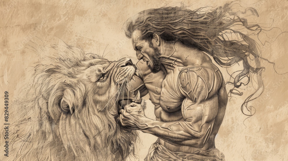 Biblical Illustration: Samson's Strength, Tearing Apart Lion with Bare ...