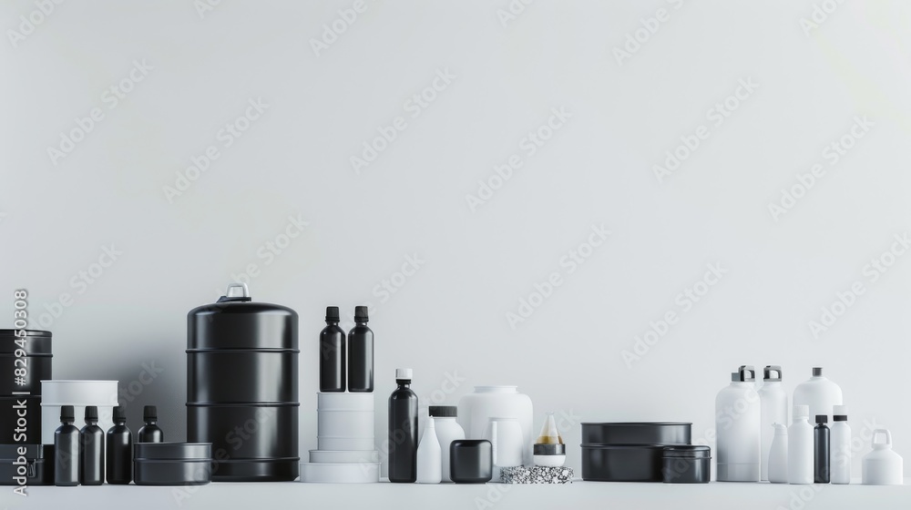 Minimalist mockup of various black and white containers with clean ...