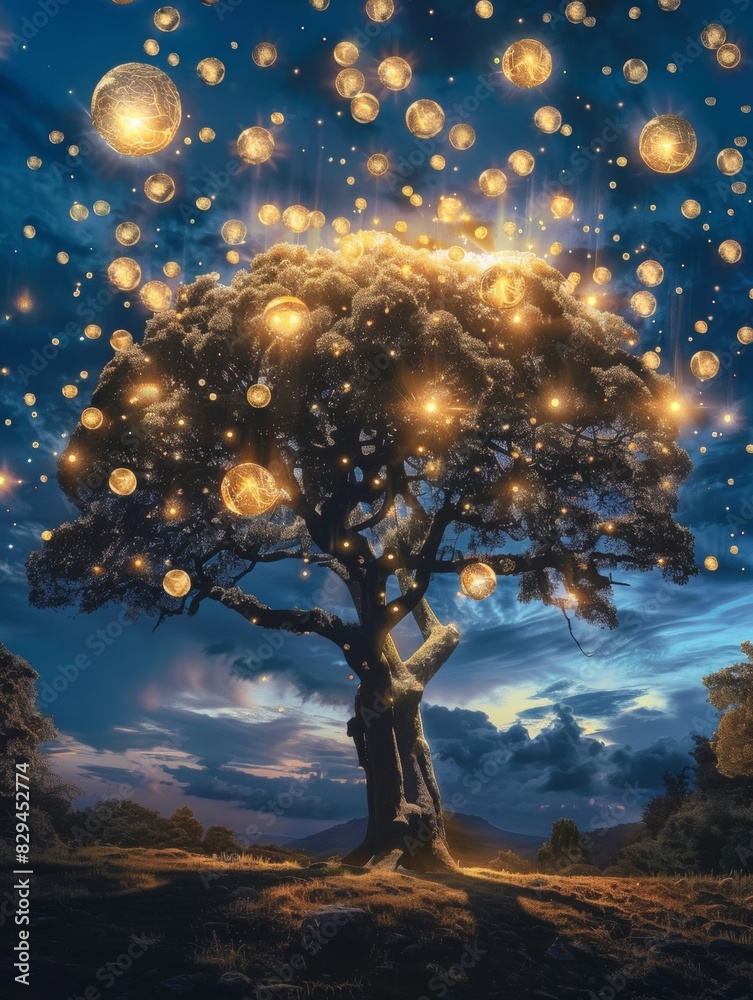 Glowing orbs surround the brain-shaped tree. which symbolizes the ...