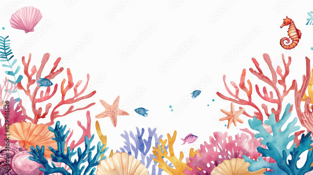 Watercolor painting coral reef ocean theme frame border on white ...