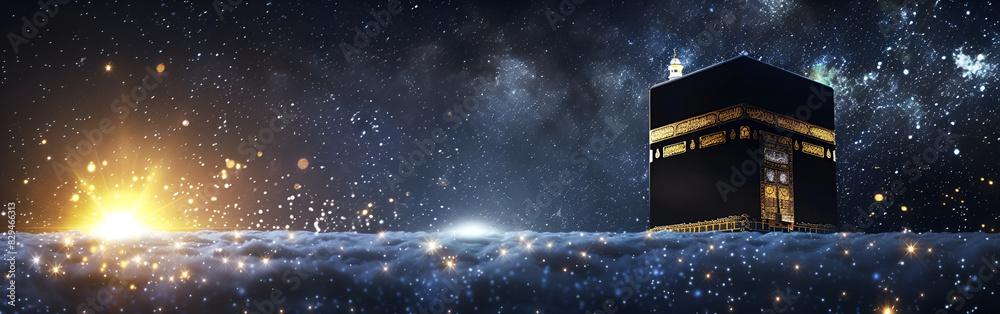 Hajj mabroor poster banner with holy Kaaba in mecca lights around this ...