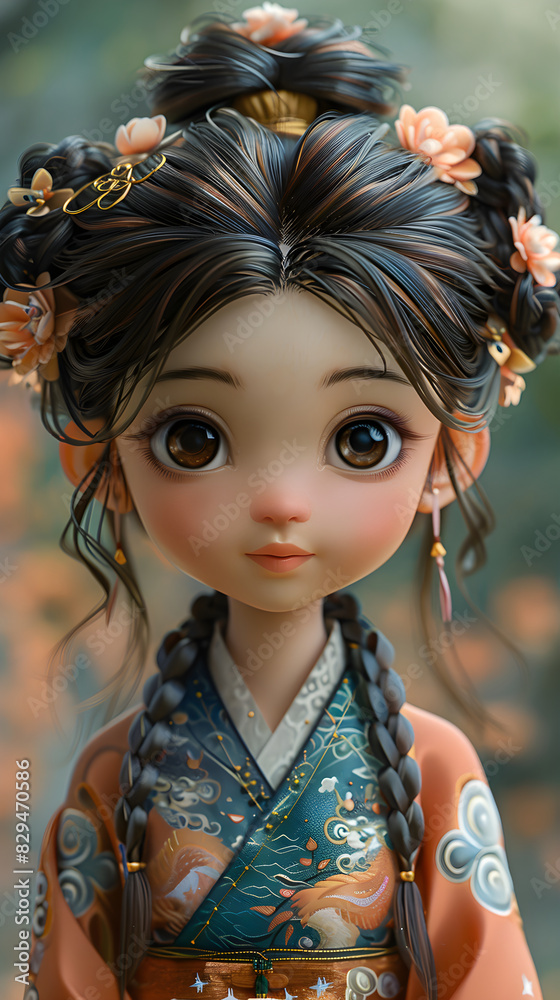 Cute doll with big eyes in elegant clothes according to Asian tradition ...