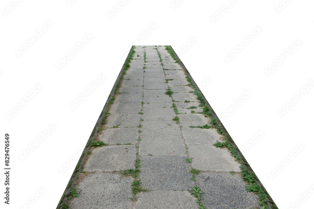 ภาพประกอบสต็อก Old sidewalk made of concrete slabs overgrown with ...