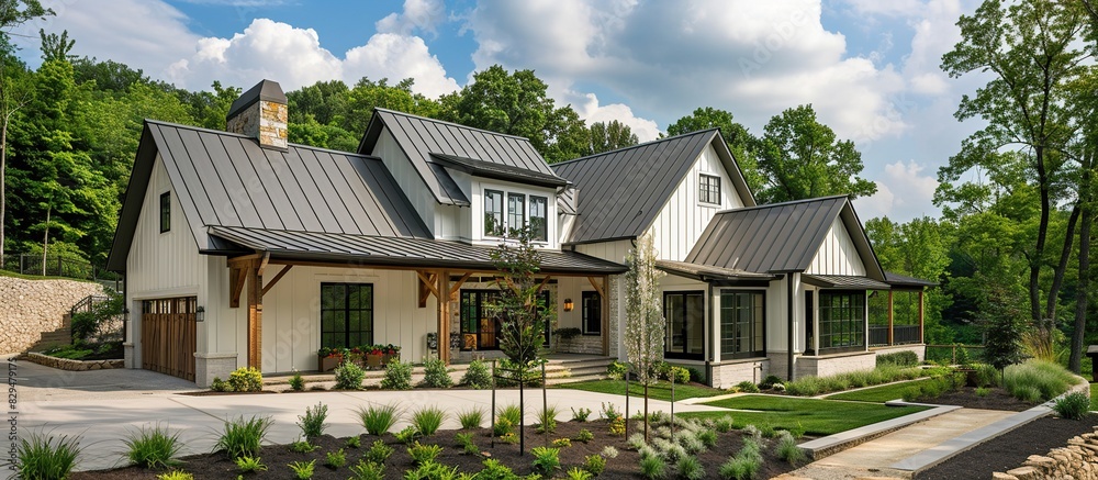 The architectural design of the Modern Farmhouse style house is built ...