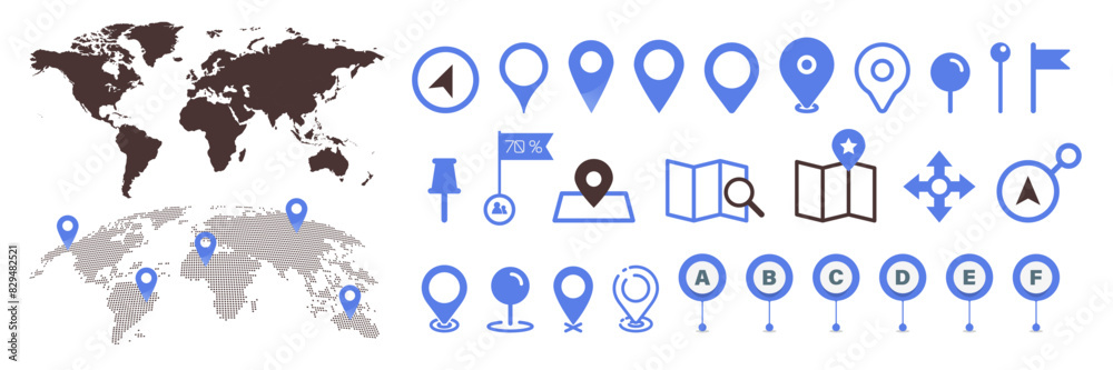 Set of map pin icons with world map. location pin sign. Mapping icon ...