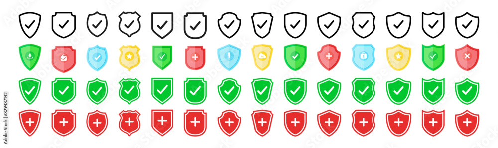Set of security shield icons, security shields logotypes with check ...