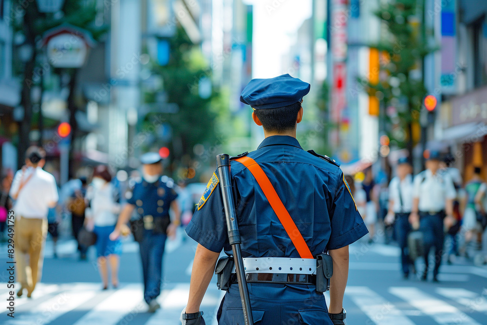 Japanese security guard in navy blue uniform, white belt and orange ...