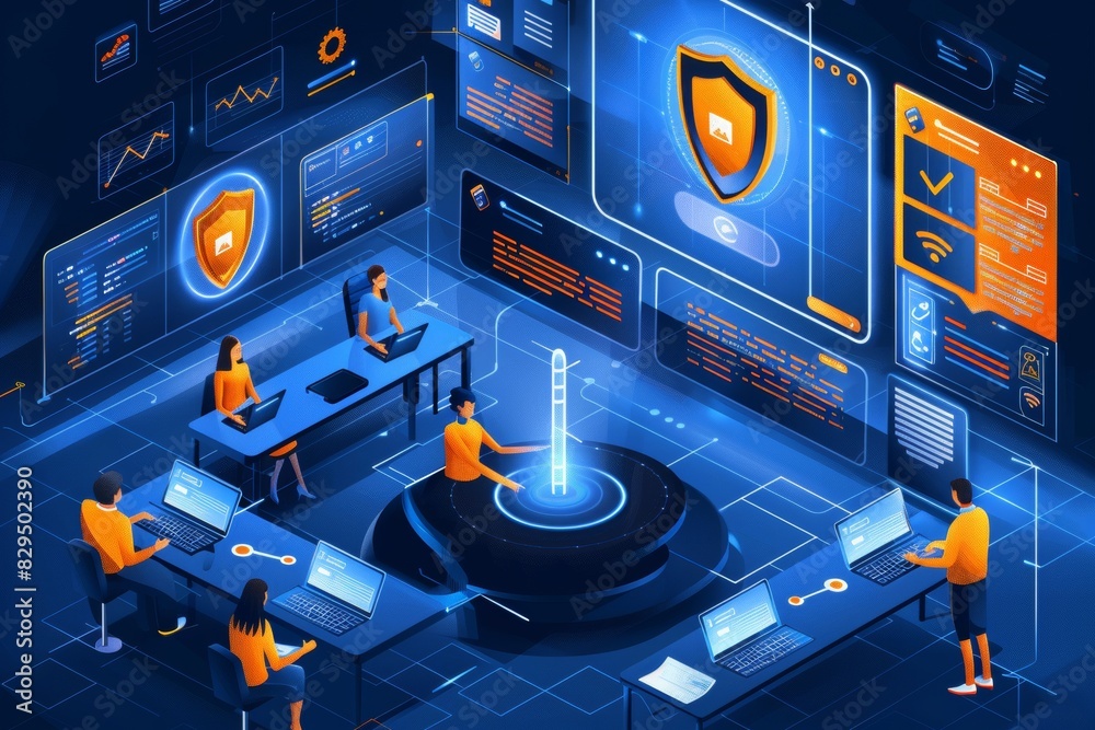 Cybersecurity command center with digital interfaces, showcasing a high ...