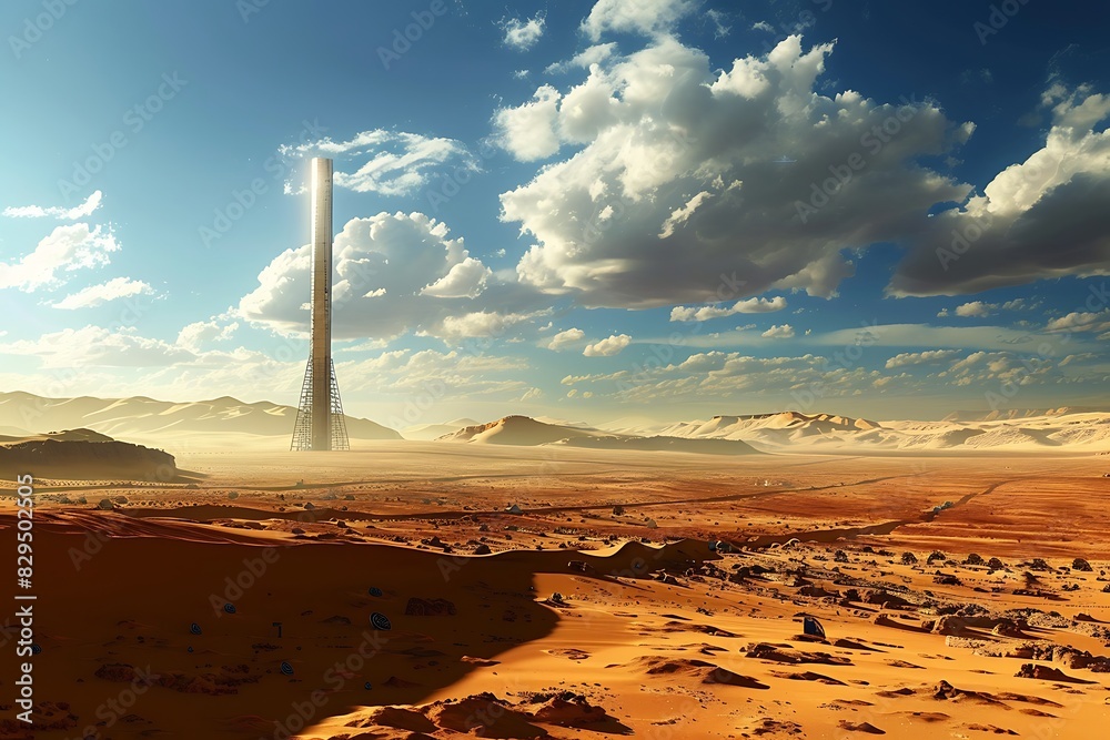A desert landscape with a concentrated solar power (CSP) tower Stock ...