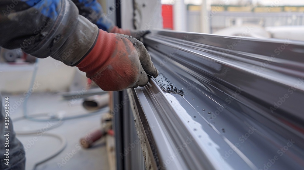 Affix the strip by hand, attaching the rubber seal to the metal door ...