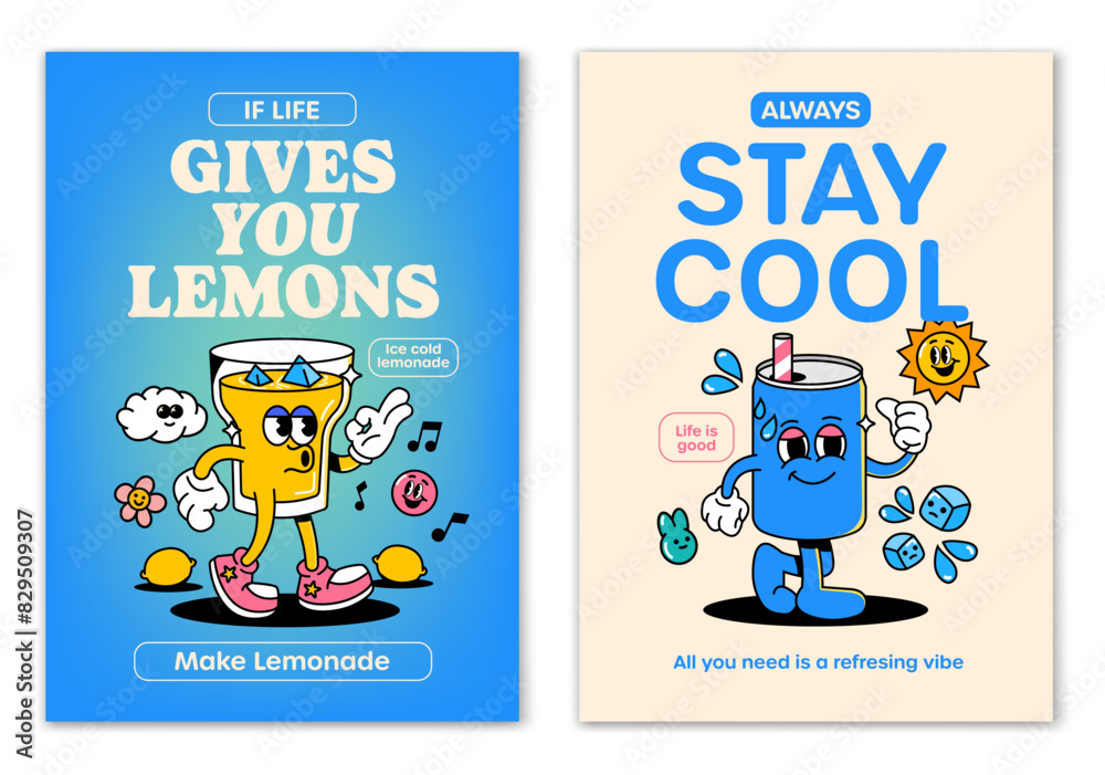 Retro cartoon walking smiled Lemonade and Soda can mascot character ...