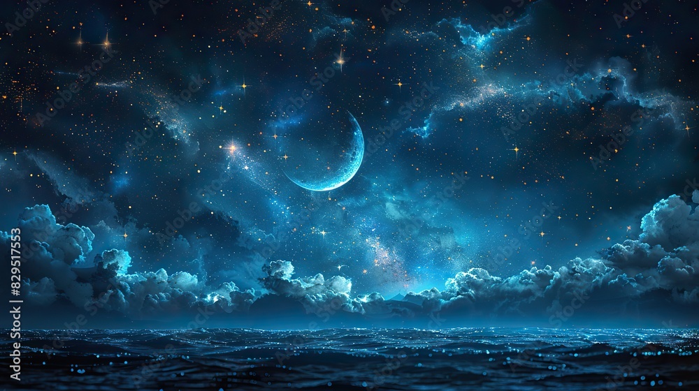 A drawing of a celestial scene with stars and a crescent moon ...