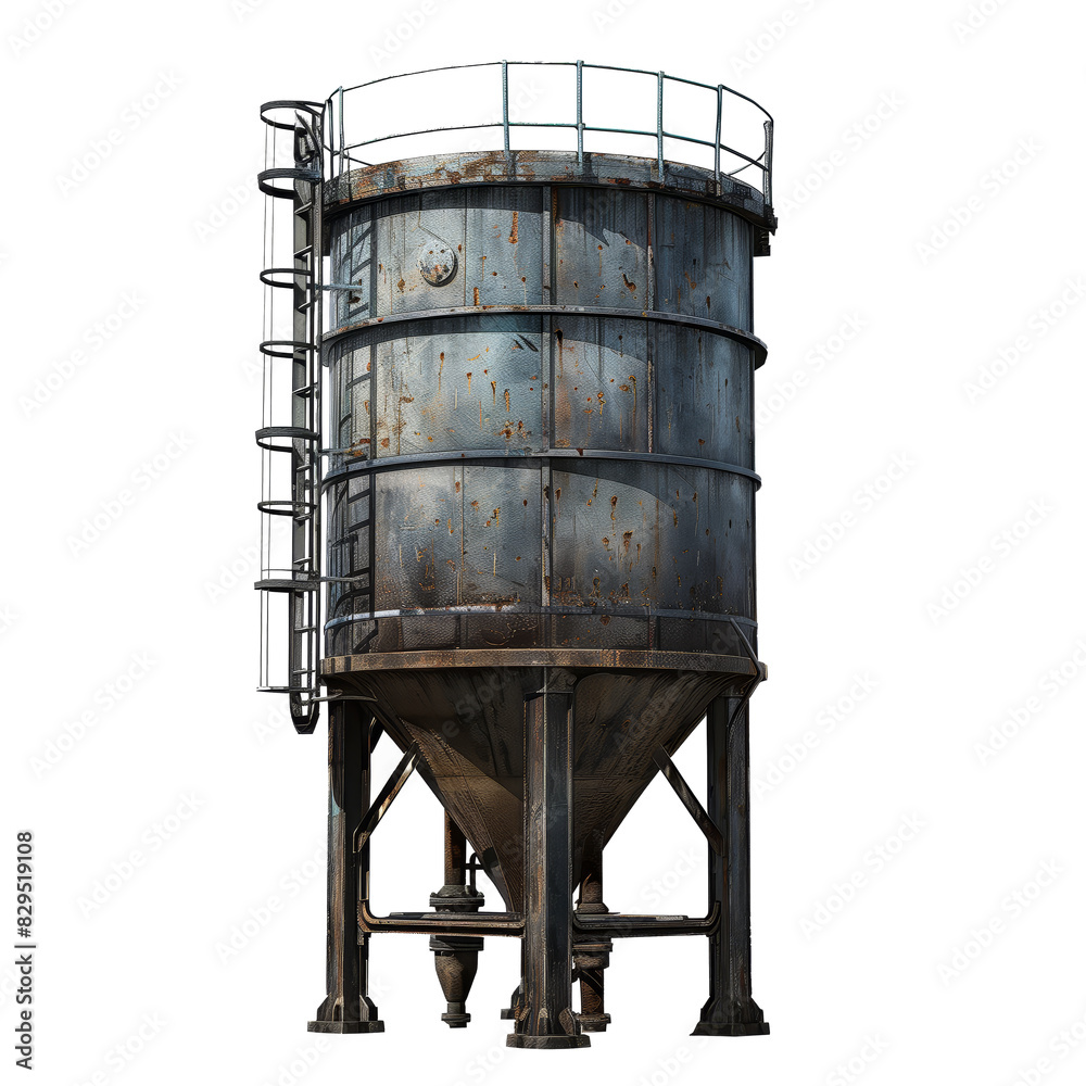 Rustic weathered industrial water tower with rusted metal surface and ...