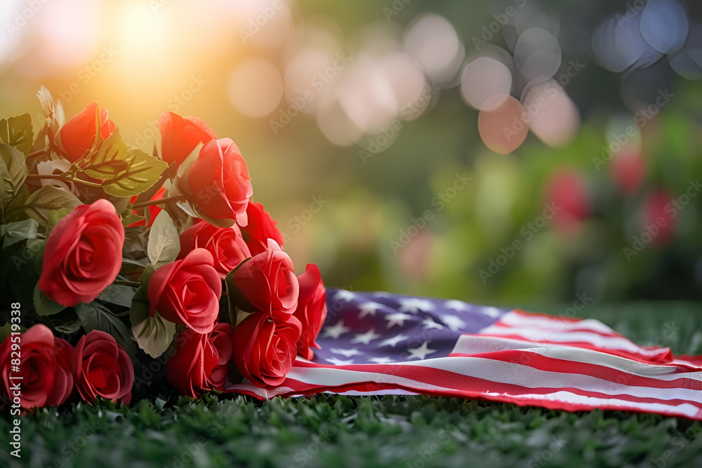 Patriotic bouquet of red roses with the American flag, evoking a sense ...