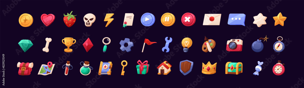 Game interface icons set. UI design elements kit, pack. GUI gift, star ...