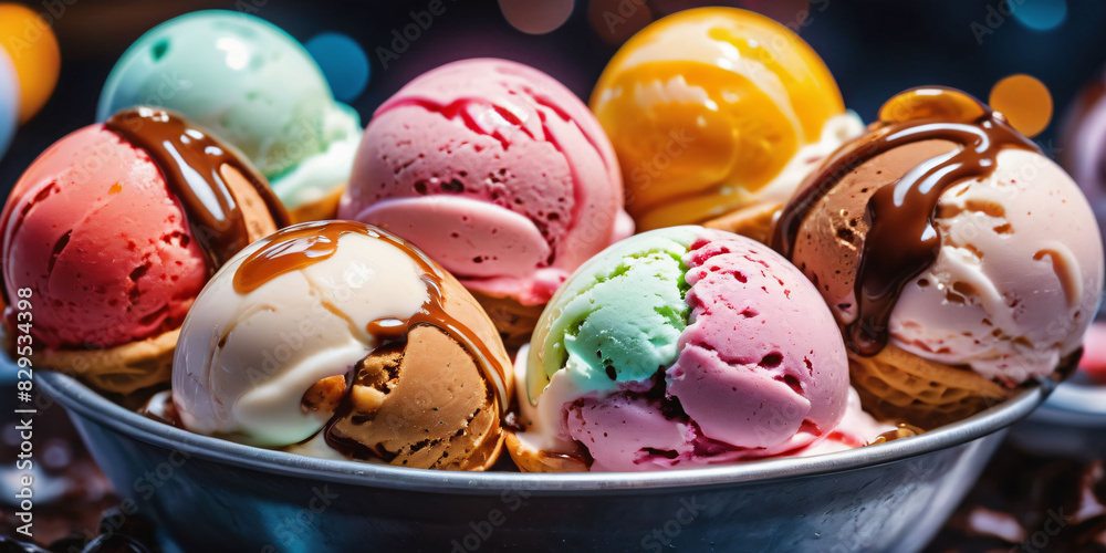 A colorful display of ice cream flavors in various forms. Scoops of ice ...