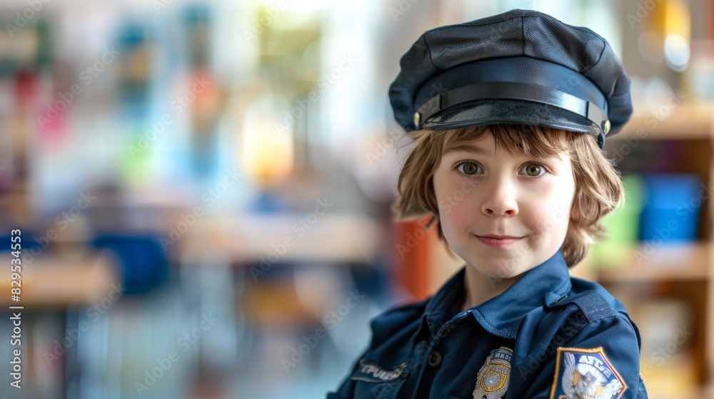 Little boy dressed as a police officer, looking confidently at the ...