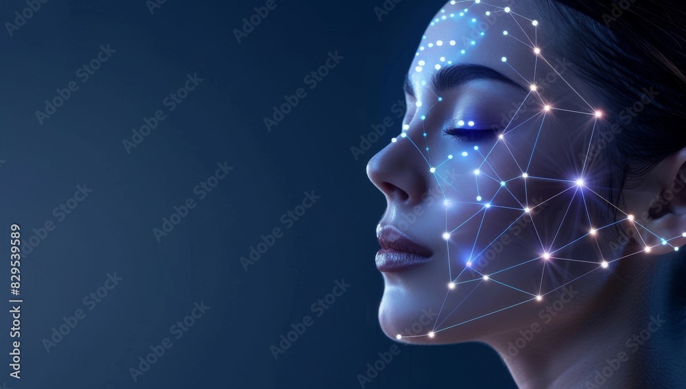 Beautiful woman with closed eyes and lines of digital facial biometric ...
