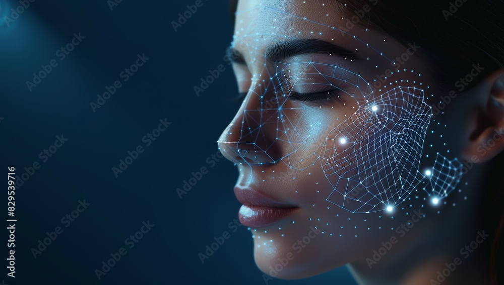 Beautiful woman with closed eyes and lines of digital facial biometric ...