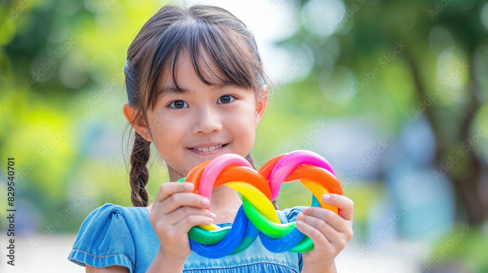 Young Asian girl holding a rainbow-colored infinity symbol in a lush ...
