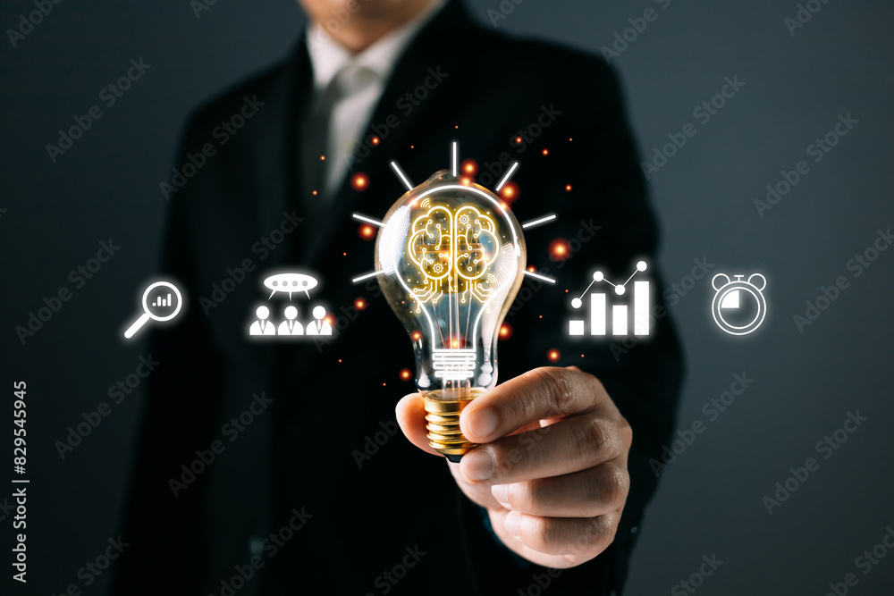 Innovation technology success business. person hand holding power ...