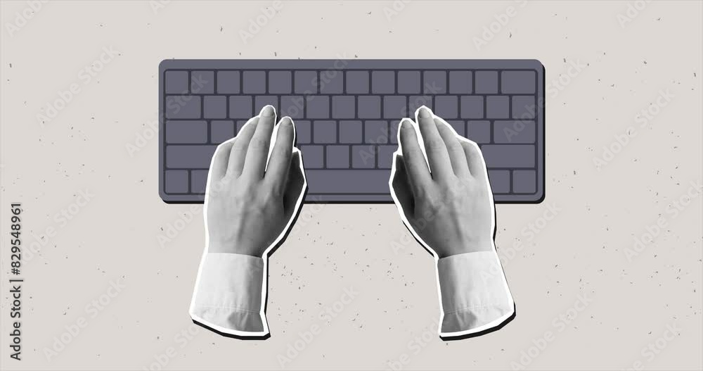 Hands typing text on the keyboard, top view. 4K animation in a modern ...