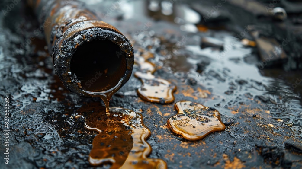 Close-up view of engine oil slowly dripping from a corroded pipe onto a ...