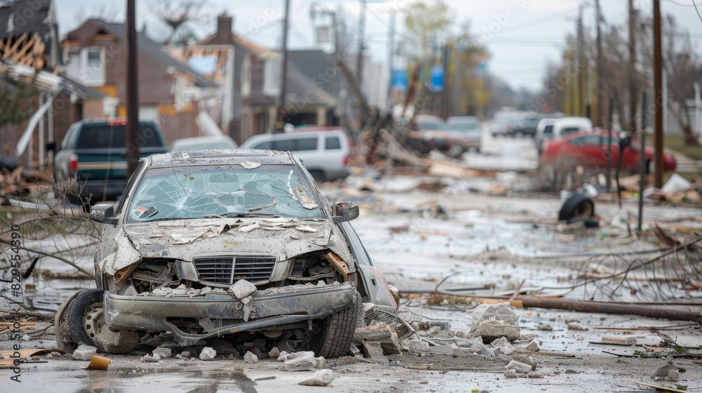 Close-up of mangled cars, fallen utility poles, and rubble-strewn ...