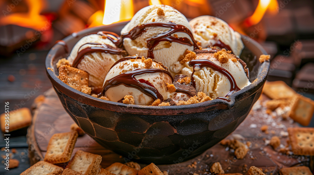 S'mores Ice Cream in a campfire setting, with graham cracker crumbs and ...