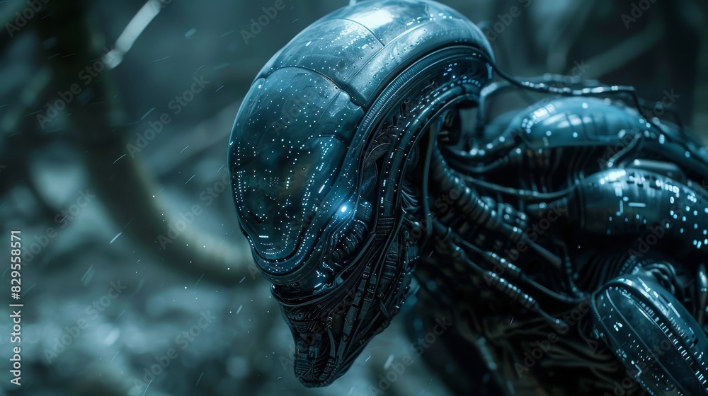 The photo depicts a close-up of a Xenomorph from the Alien franchise, a terrifying creature with ...