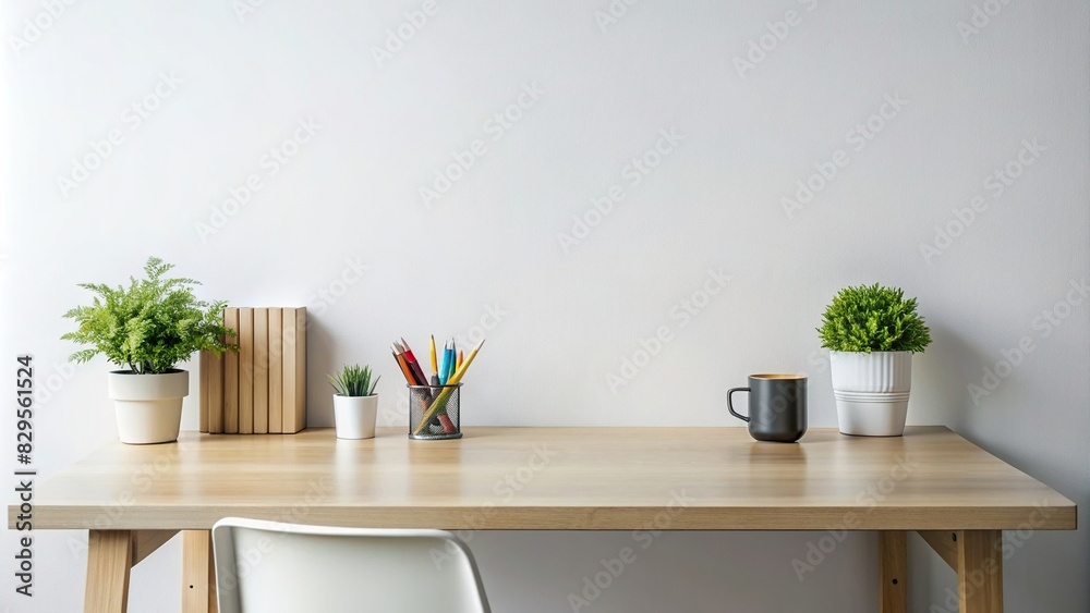 Empty office table with simple office supplies on a white wall ...
