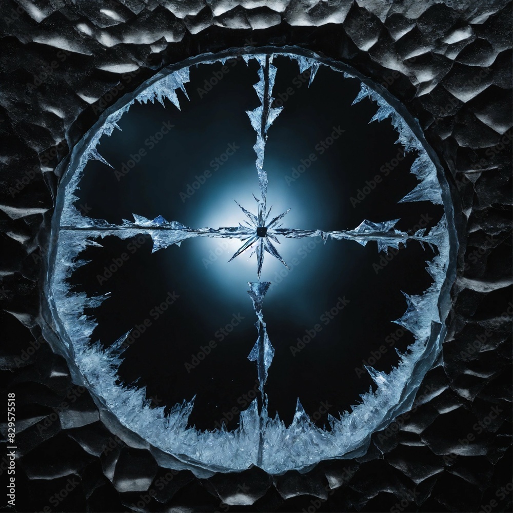 pure black background, overlay of frozen cracked ice with a large hole ...