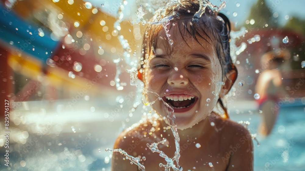 Kids splashing in a shallow water park pool with fun water toys. Stock ...