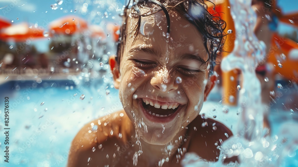 Kids splashing in a shallow water park pool with fun water toys. Stock ...