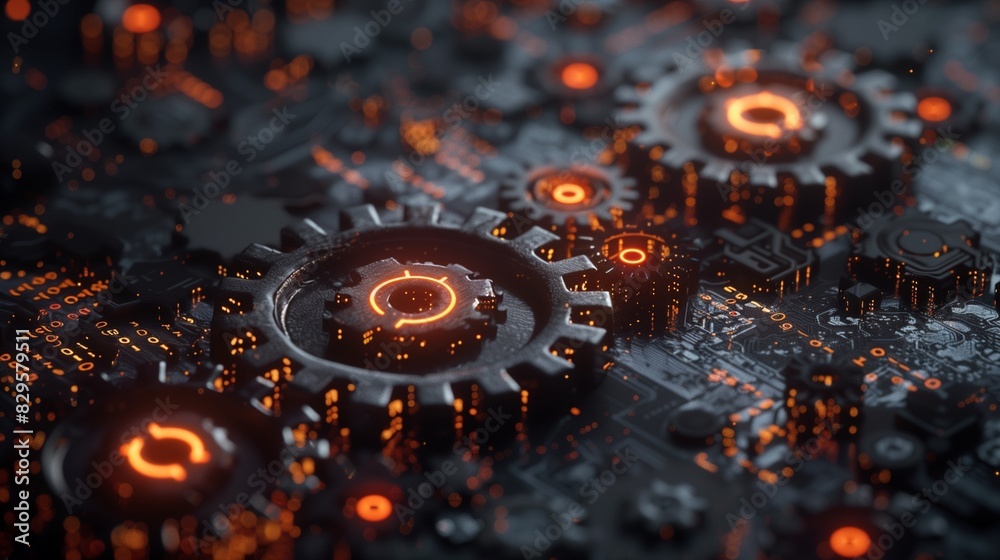 The Rust programming language concept, featuring dark, rusty interlocking gears illuminated by ...