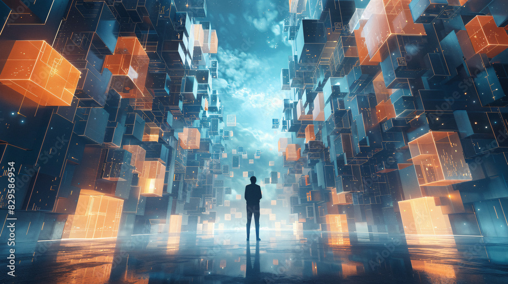 A surreal depiction of a presenter standing amidst a sea of floating ...