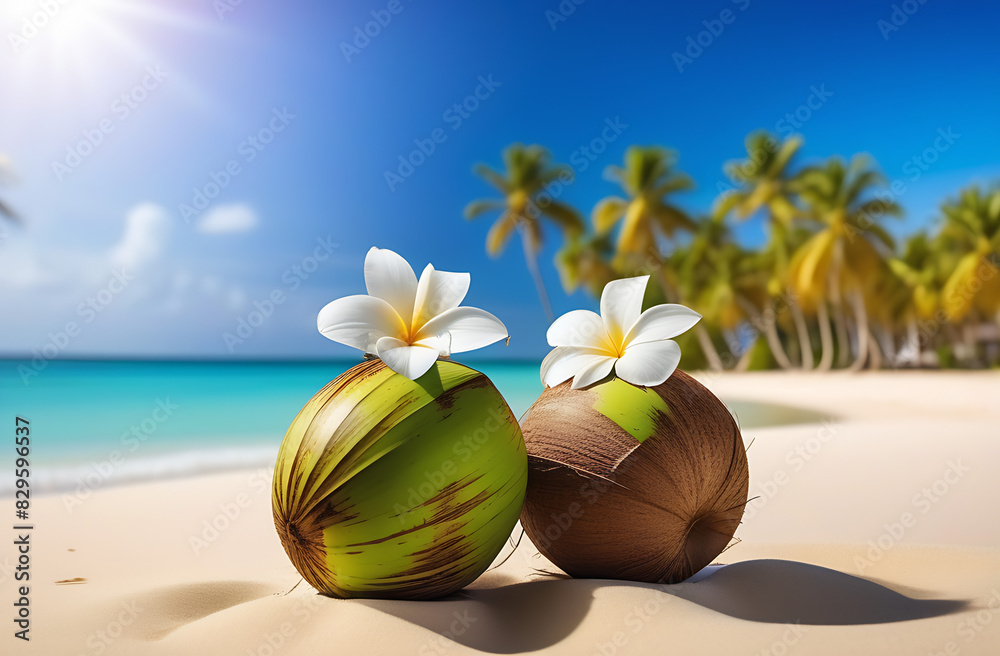 Two green coconuts with flowers on the beach near the sea. The concept ...