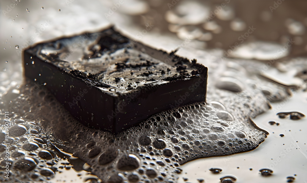 A rectangular piece of black soap on a light gray background with soap ...