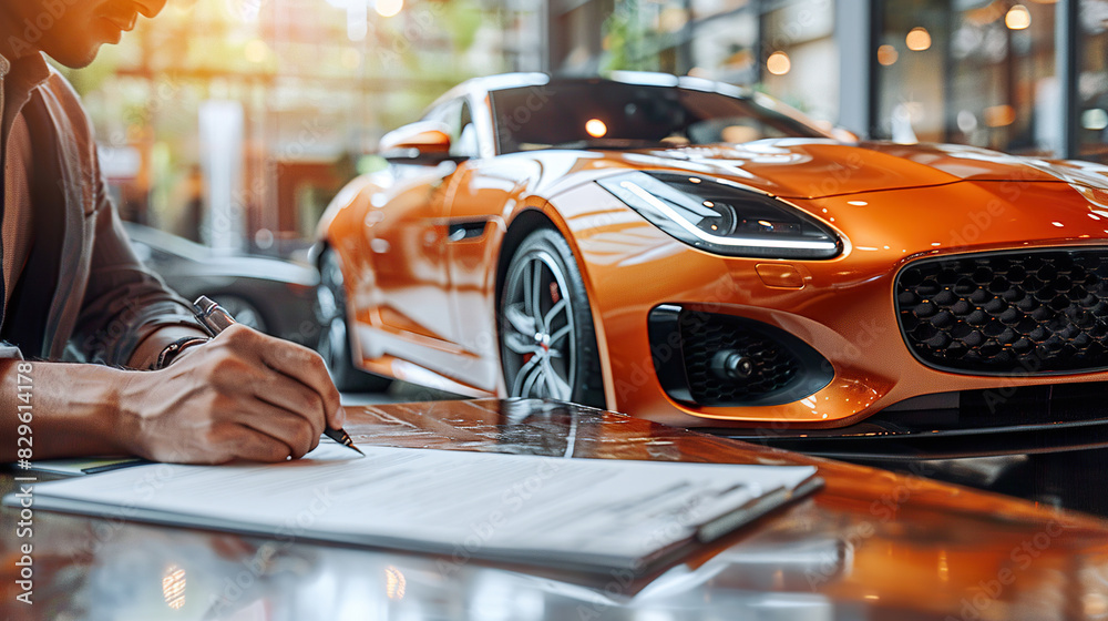 Signing Car Purchase Agreement in Showroom with Sports Car Stock Photo ...