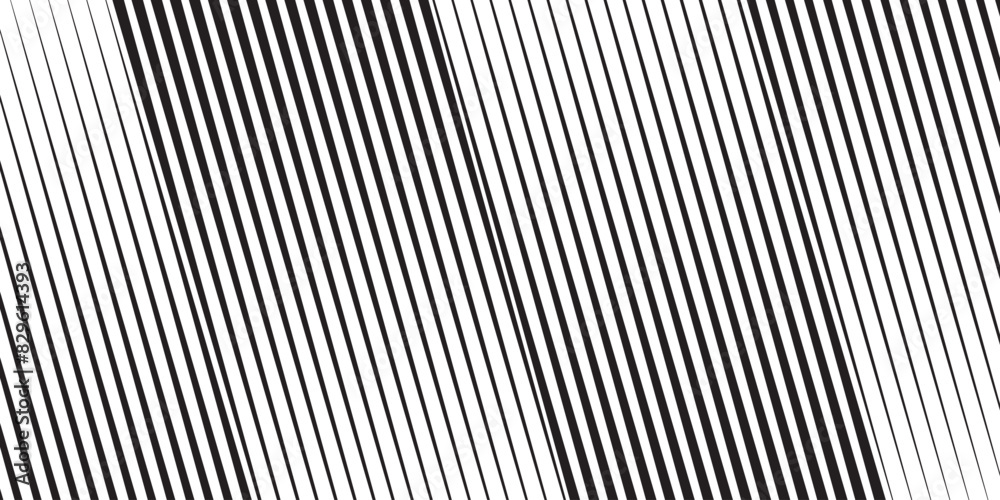Black tapering diagonal lines on white background. Tilted parallel stripes print. Oblique ...