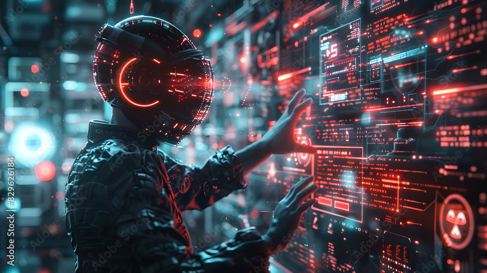 Depict a skilled cyberpunk hacker in a futuristic setting, surrounded ...