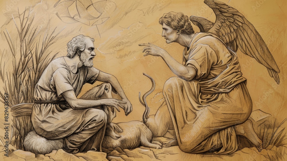 Biblical Illustration: Abraham and Isaac, Angel Intervenes, Ram ...