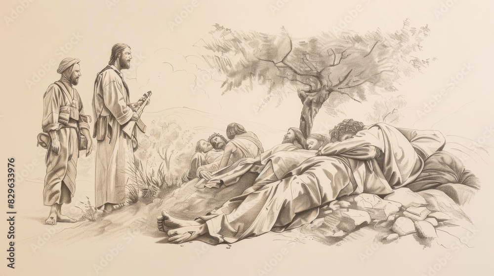 Biblical Illustration: Garden of Gethsemane, Jesus Prays, Disciples ...