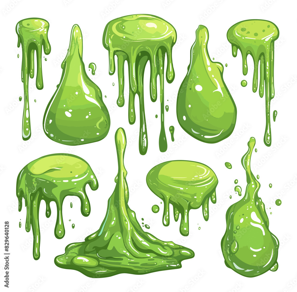 Green slime cartoon vector set. Blots drip splash flowing leaking ...