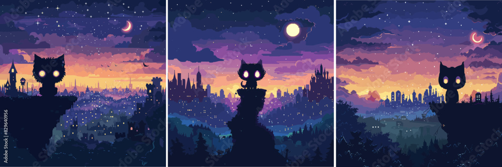 Grafika wektorowa Stock: Monster cat character pixel art vector scene ...